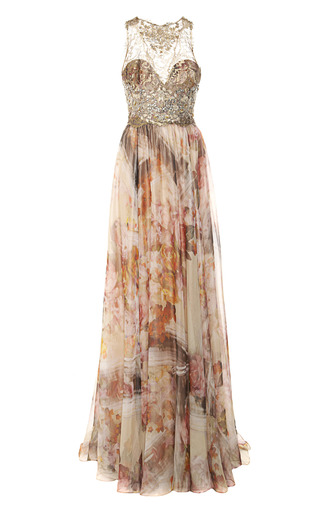 Gold Foil Printed Floral Chiffon Gown By Marchesa Moda Operandi
